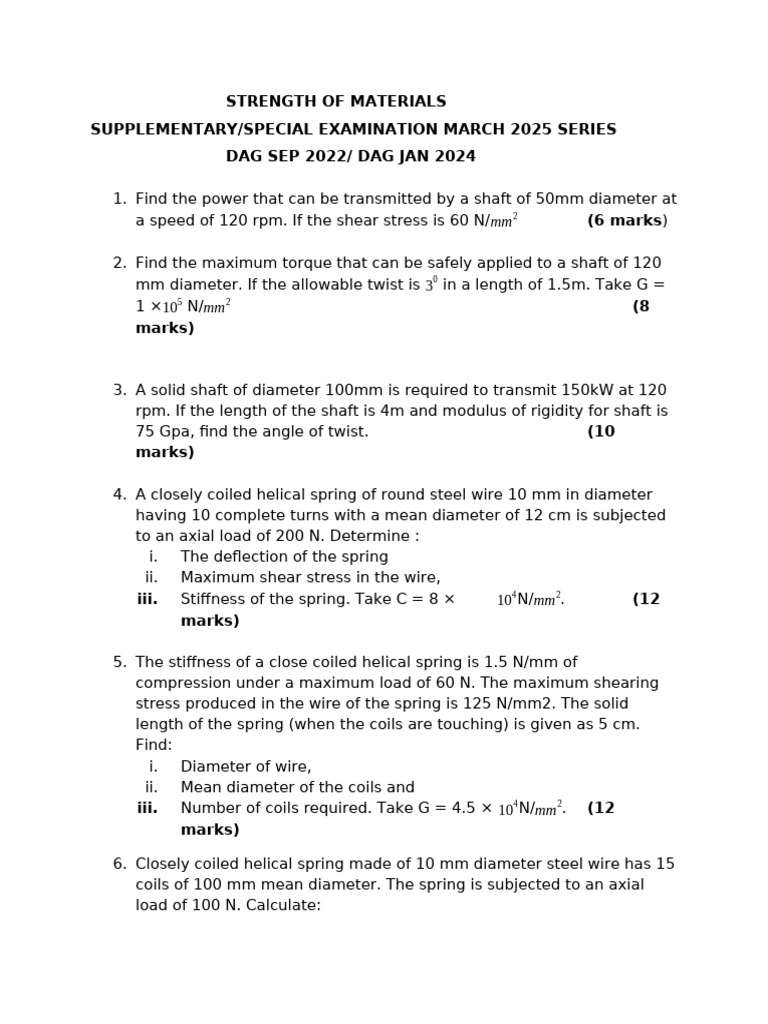 Strength of Materials Exam Questions | PDF