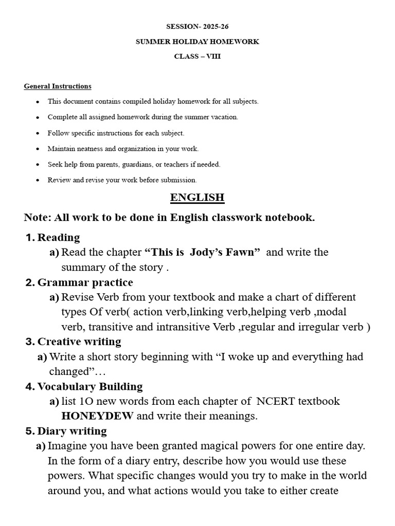 Holiday Homework Class Viii | PDF | Mathematics | Verb