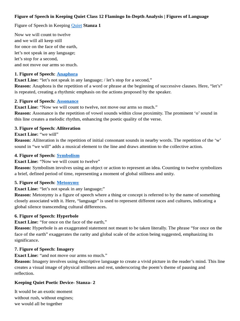 Figure of Speech in Keeping Quiet Class 12 Flamingo NEW | PDF | Poetry ...