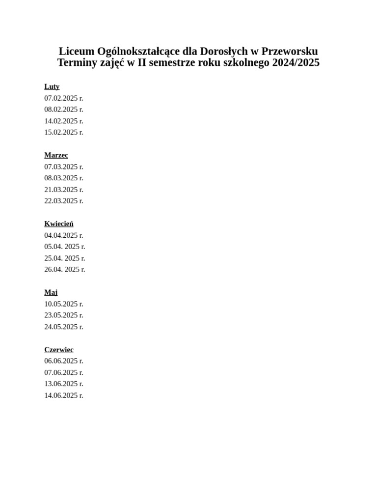 Harmonogram LO Semestr II 2024-2025 | PDF