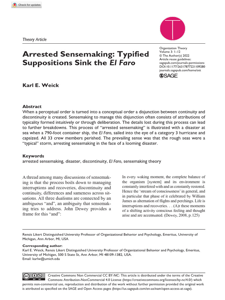 Weick 2022 Arrested Sensemaking Typified Suppositions Sink The El Faro ...