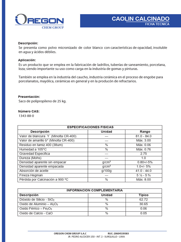 Caolín Calcinado y Micronizado | PDF | Sector secundario de la economía ...