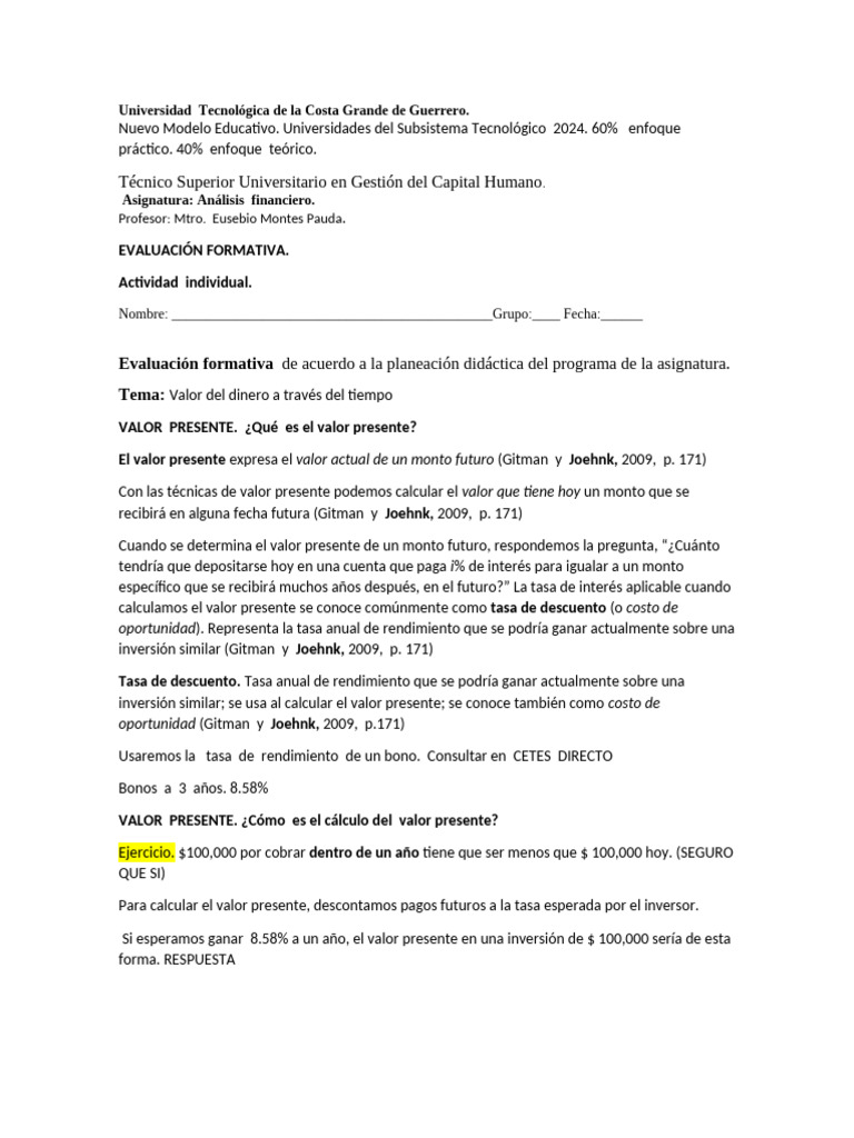 1.3 Evaluación Formativa Valor Del Dinero en El Tiempo. Valor Presente | PDF