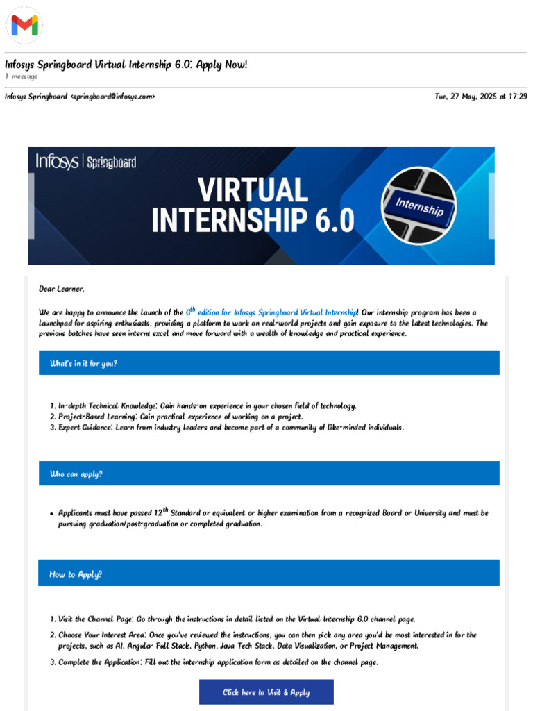 Infosys Springboard Virtual Internship 6.0 - Apply Now! | PDF