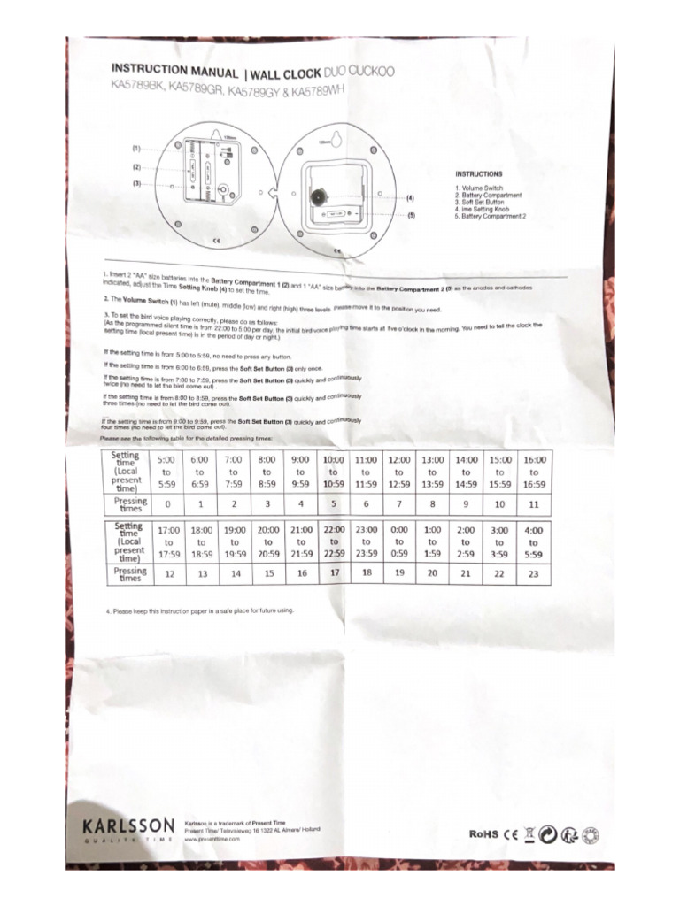 Instruction Manual Wall Clock Duo Cuckoo | PDF
