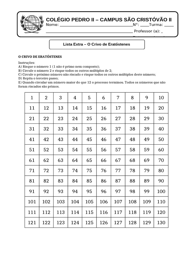 Lista Extra 6º Ano o Crivo de Eratostenes | PDF
