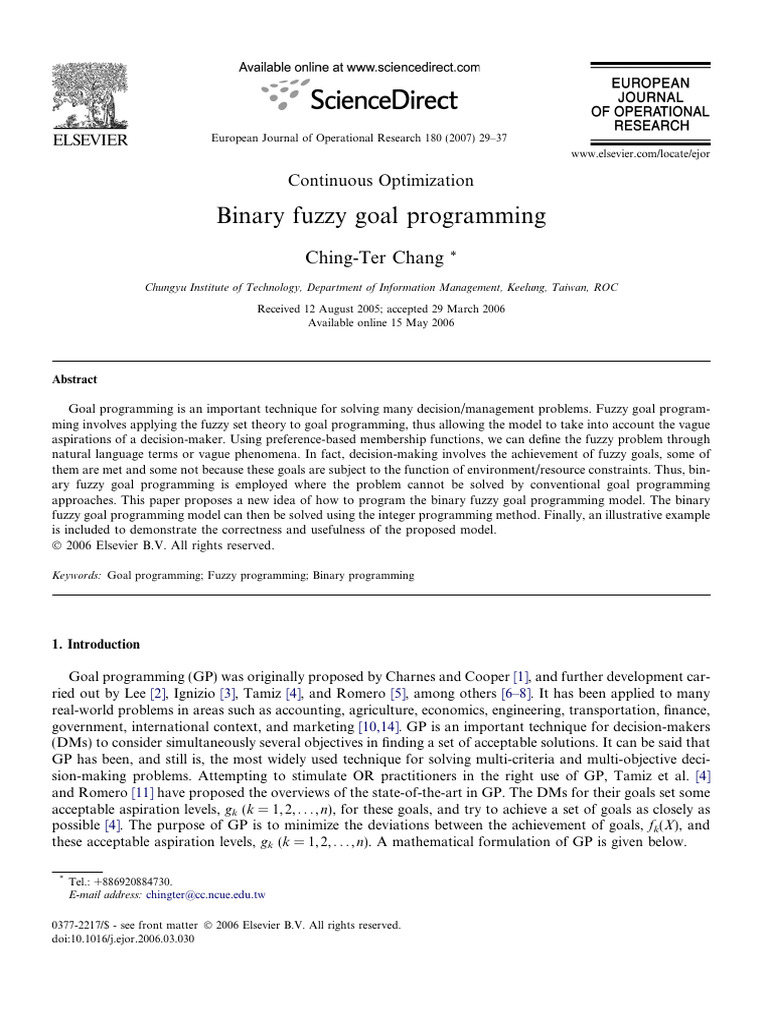 Binary Fuzzy Goal Programming | PDF | Fuzzy Logic | Loss Function