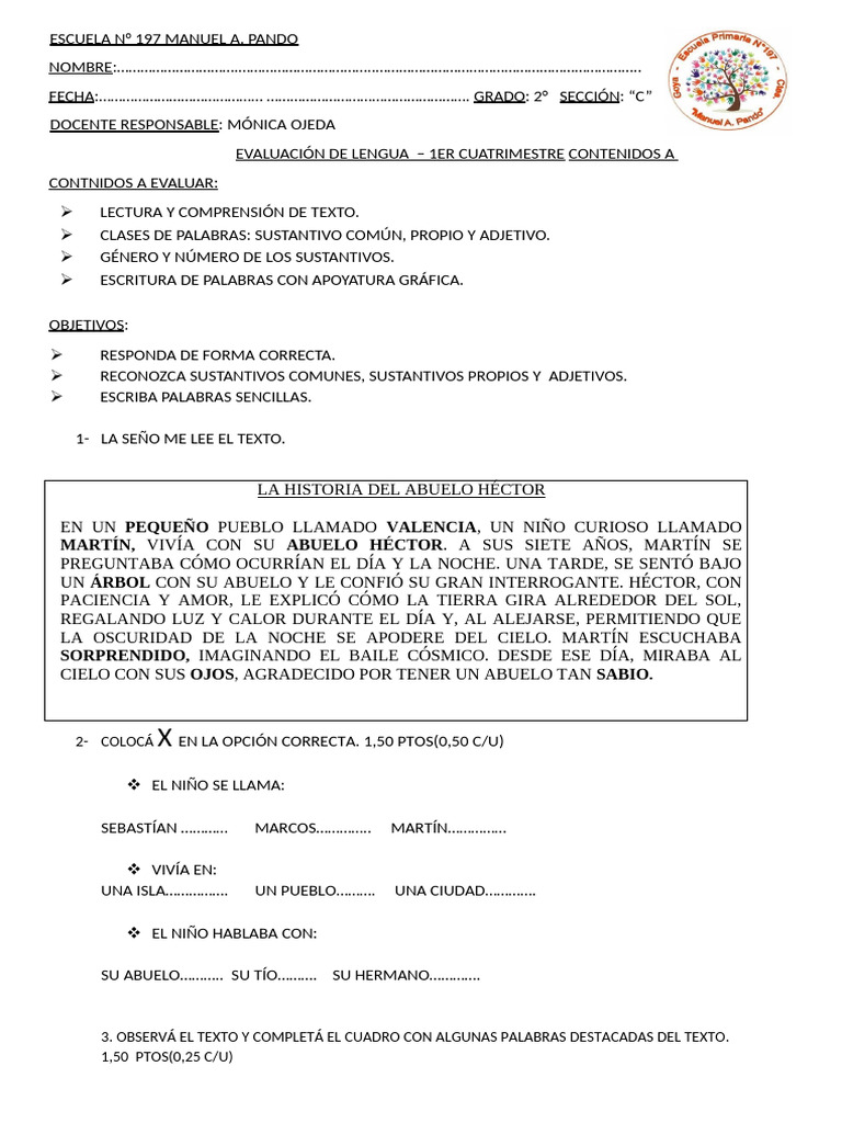 Eval - Lengua 2do 1er C. 2024 Adaptado | PDF | Sustantivo | Morfología Lingüística
