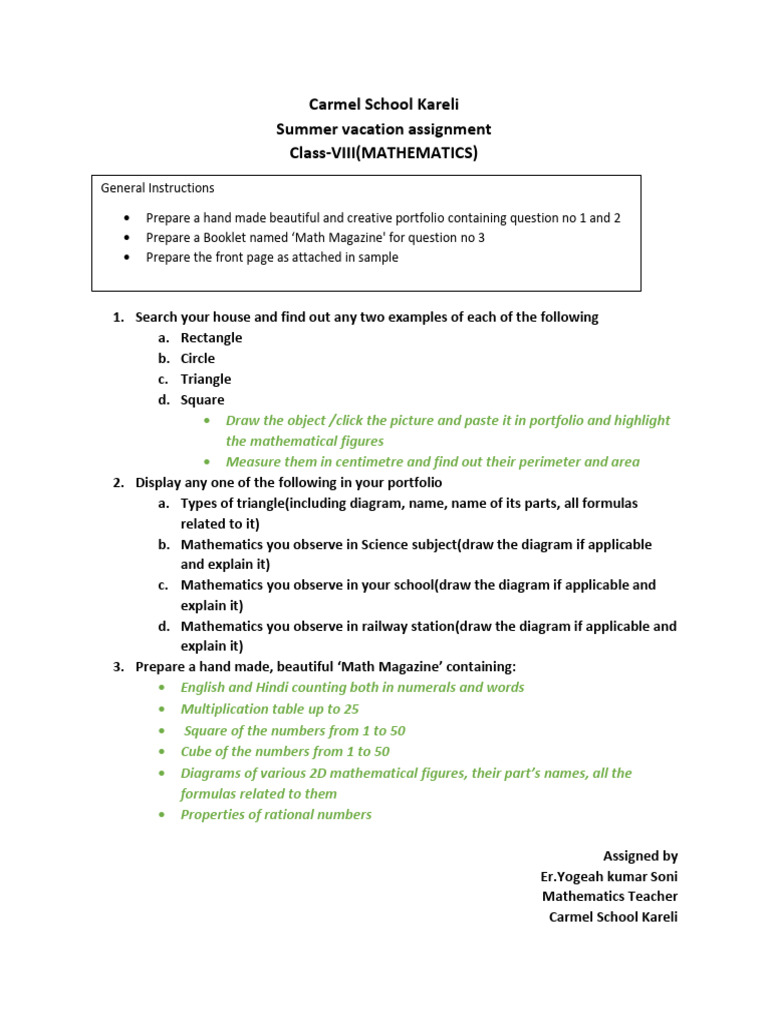 Summer Vacation Assignment VIII | PDF