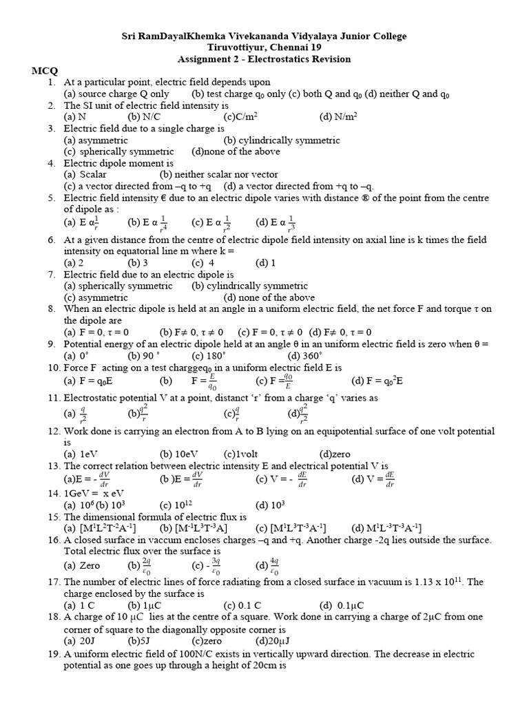 Electrostatics Cbse Rev - QP | PDF | Electric Field | Dipole