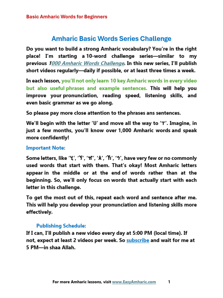 Basic Amharic Words For Beginners Free PDF | PDF | Linguistics