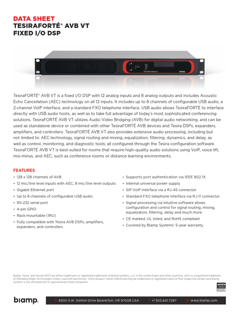 Biamp Data Sheet Tesiraforte Avb VT Oct20 | PDF | Digital Signal ...