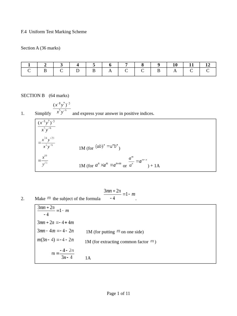 2022-2023 F4 MAT UT (Answer) | PDF | Mathematics
