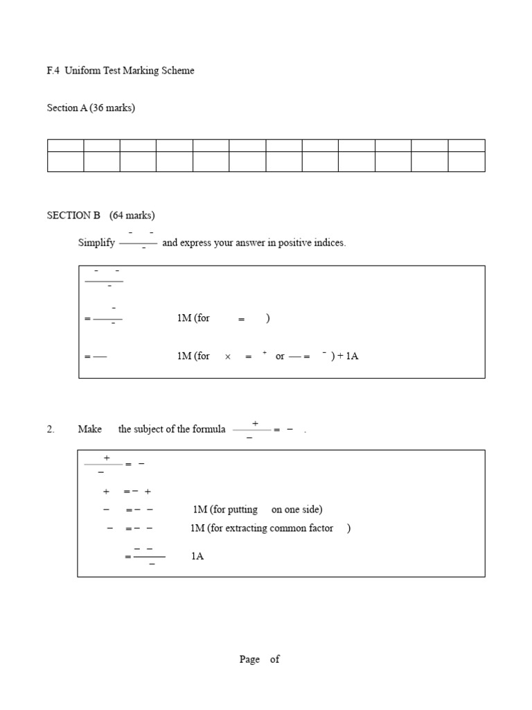 2022-2023 F4 MAT UT (Answer) | PDF | Mathematics