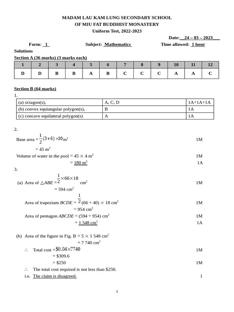 2022-2023 F1 MAT UT (Solutions) Eng | PDF | Area | Geometry
