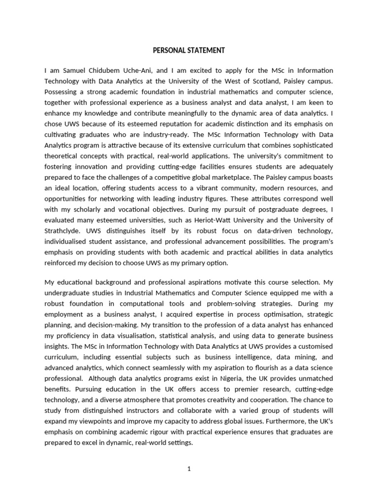 SAMUEL UCHE-ANI Personal Statement | PDF | Analytics | Cognition
