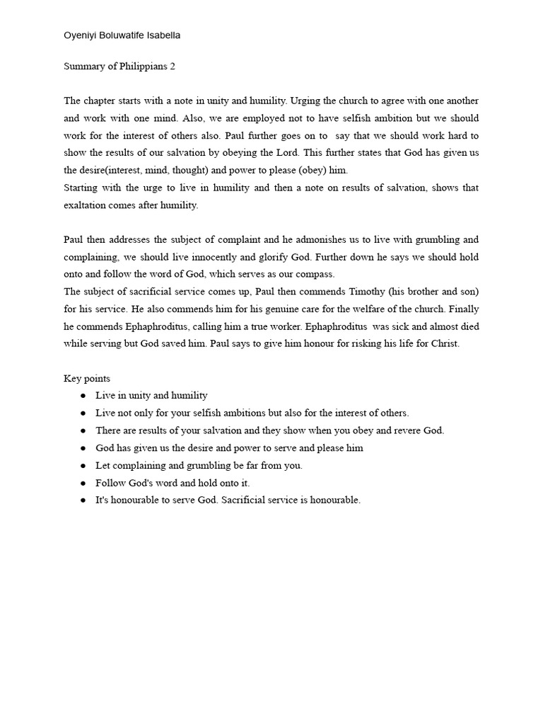 Summary of Philippians Chapter 2 | PDF