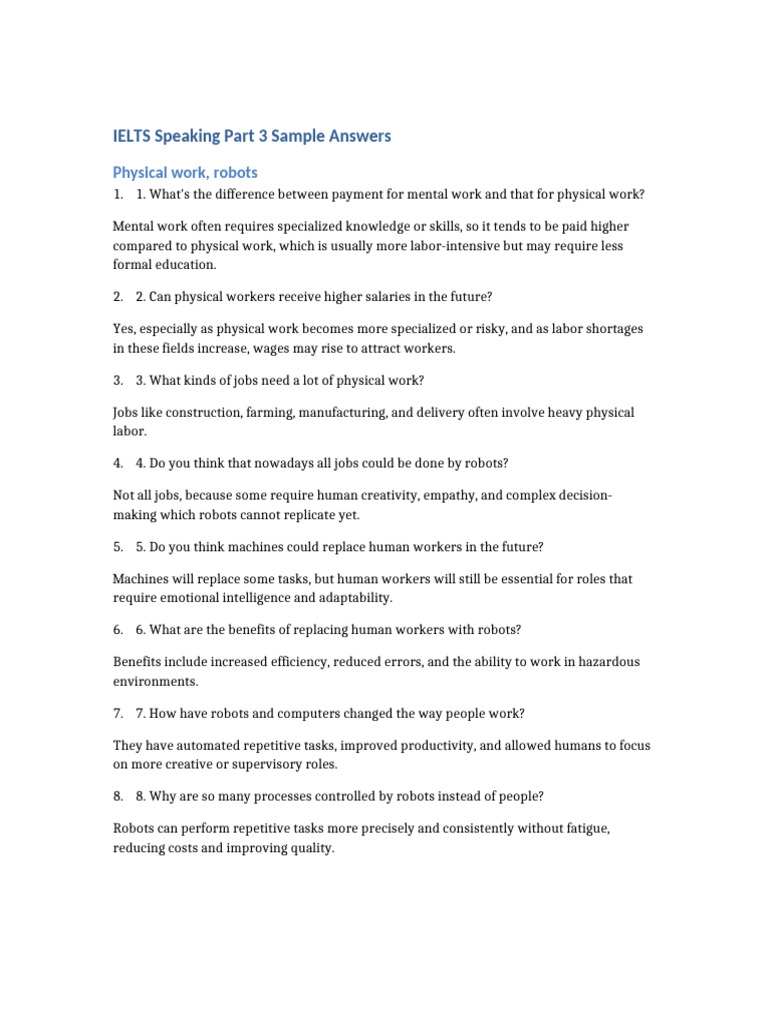 IELTS Speaking Part 3 Sample Answers | PDF | Robot | Robotics