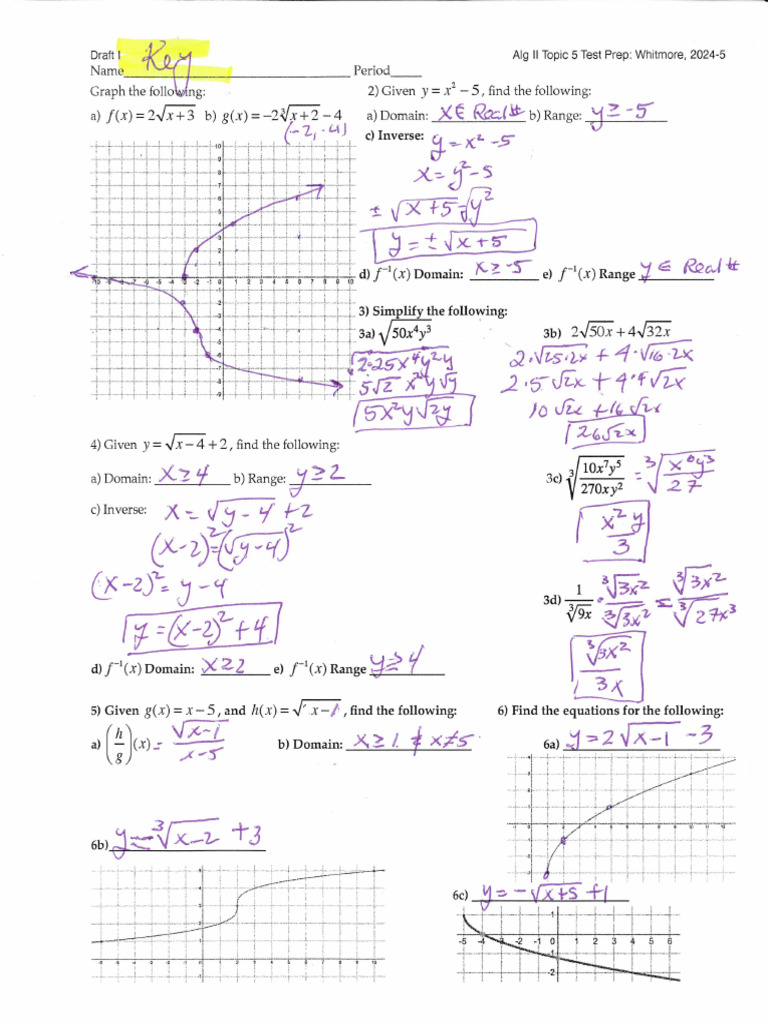 Alg II Topic 5 Test Prep KEY | PDF