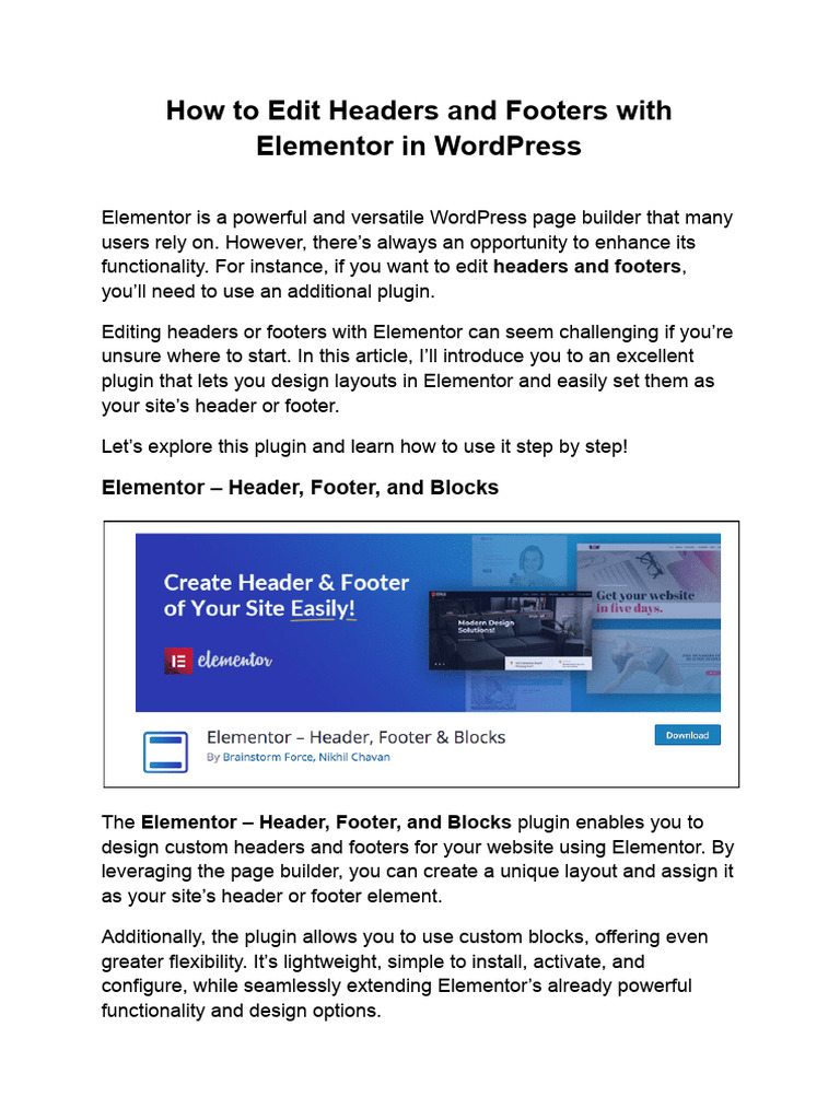 How To Edit Headers and Footers With Elementor in WordPress | PDF | Word Press | Page Layout