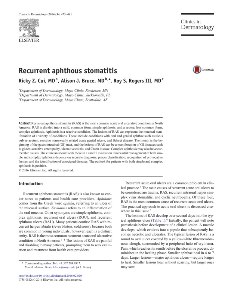 Ricky 2016 Recurrent Aphthous Stomatitis | PDF | Immunology | Clinical Medicine