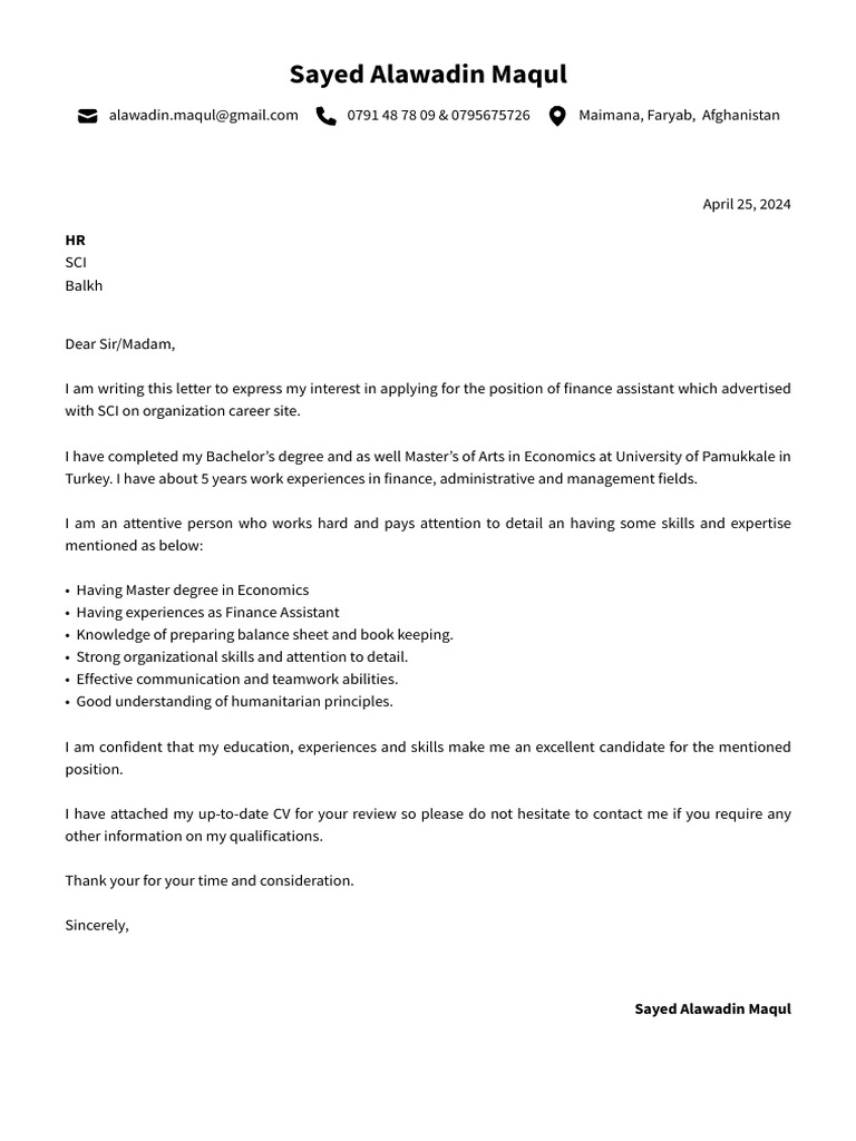 Sayed Alawadin Maqul CV Finance Assistant SCI | PDF | Accounts Payable | Cash