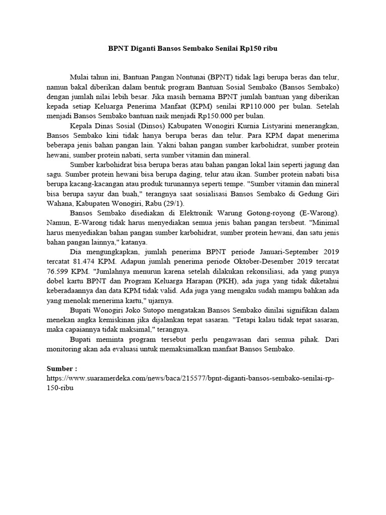 BPNT Diganti Bansos Sembako Senilai Rp150 Ribu | PDF
