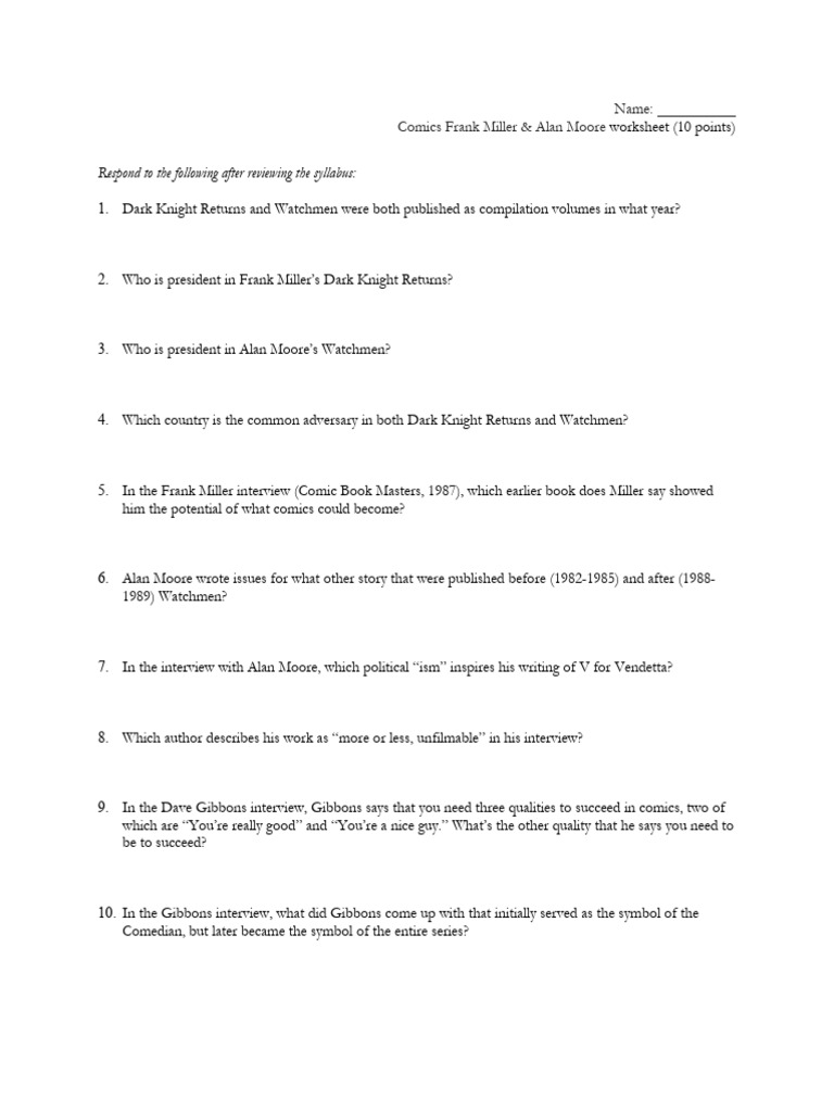 Frank Miller & Alan Moore Worksheet | PDF