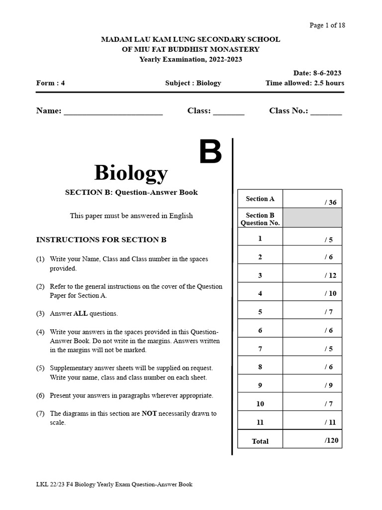 2223 F4 BIO Yearly Exam - Q&a Book | PDF | Cholesterol | Leaf