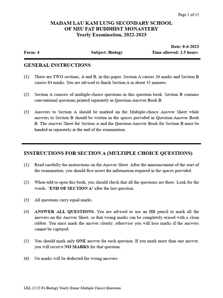 2223 f4 Bio Yearly Exam - MCQ | PDF | Tissue (Biology) | Digestion