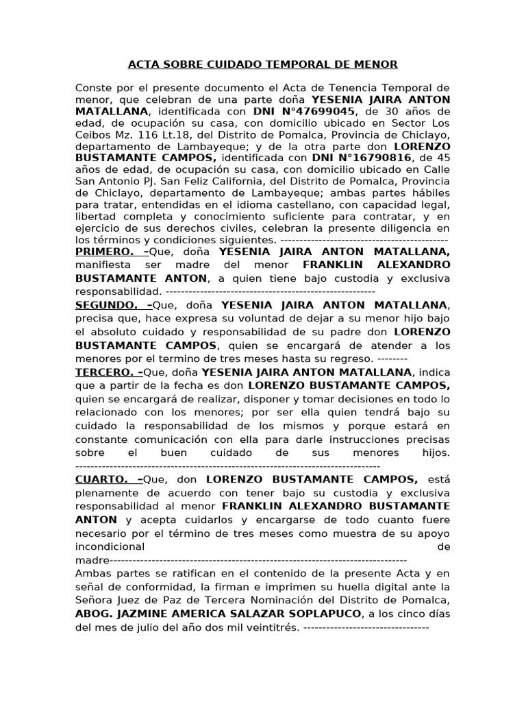 Acta Sobre Cuidado Temporal de Menor - Bustamante Anton | PDF