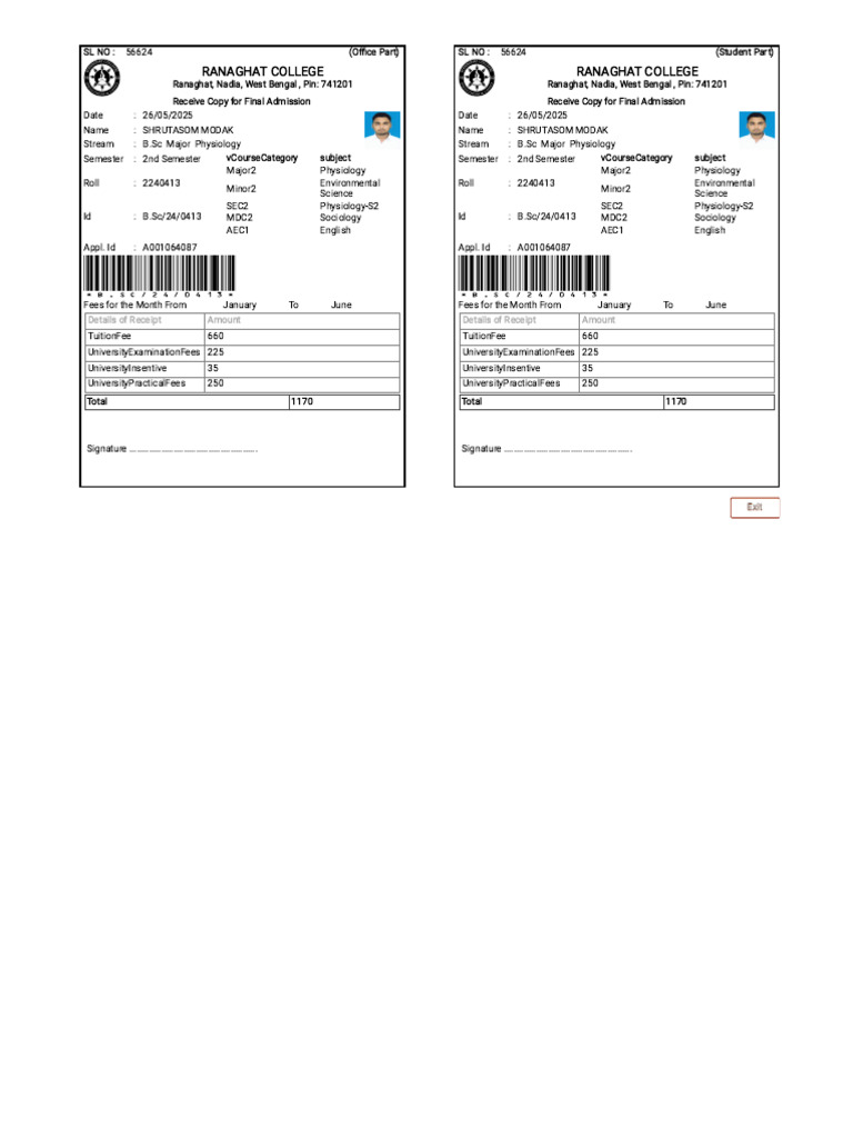 2nd Semester Admission Receipt | PDF