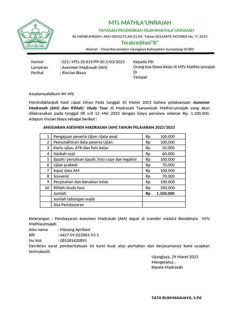 Surat Rincian Biaya AM | PDF
