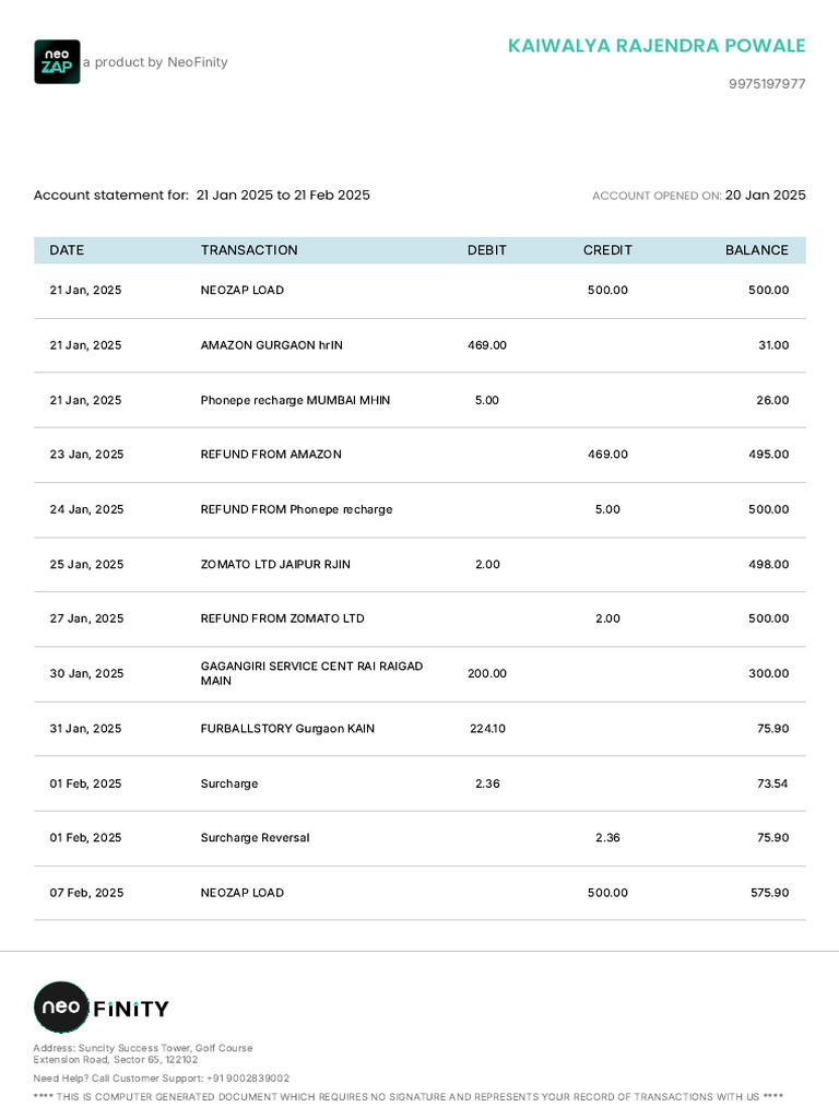 NeoZap Statement 21 01 2025 21 02 2025 | PDF | Banking Technology | Money