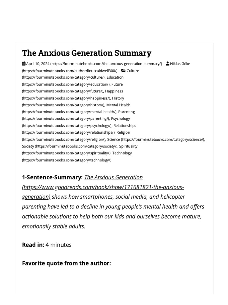 The Anxious Generation Summary (Jonathan Haidt) _ Book in 4 Min | PDF ...