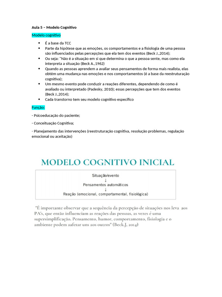 Modelo Cognitivo na TCC: Fundamentos e Funções | PDF