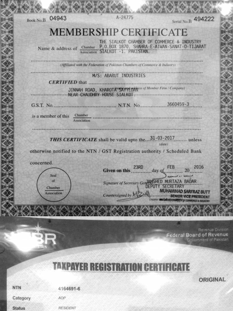 Abarut NTN, Cnic, Chamber Certificate | PDF