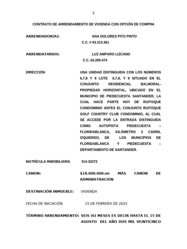 Contrato de Arrendamiento de Vivienda Opcion de Compra - Ana Dolores ...
