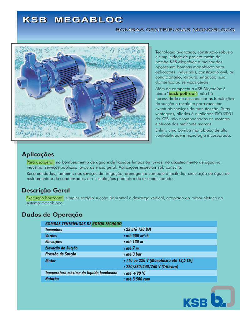 Bomba Centrifuga Monobloco KSB Megabloc | PDF | Bomba | Engenharia Mecânica