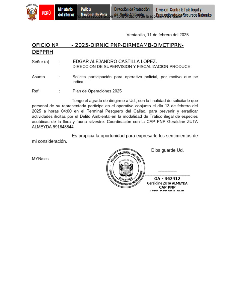 Oficio Solicita Participacion para Operativo Produce | PDF