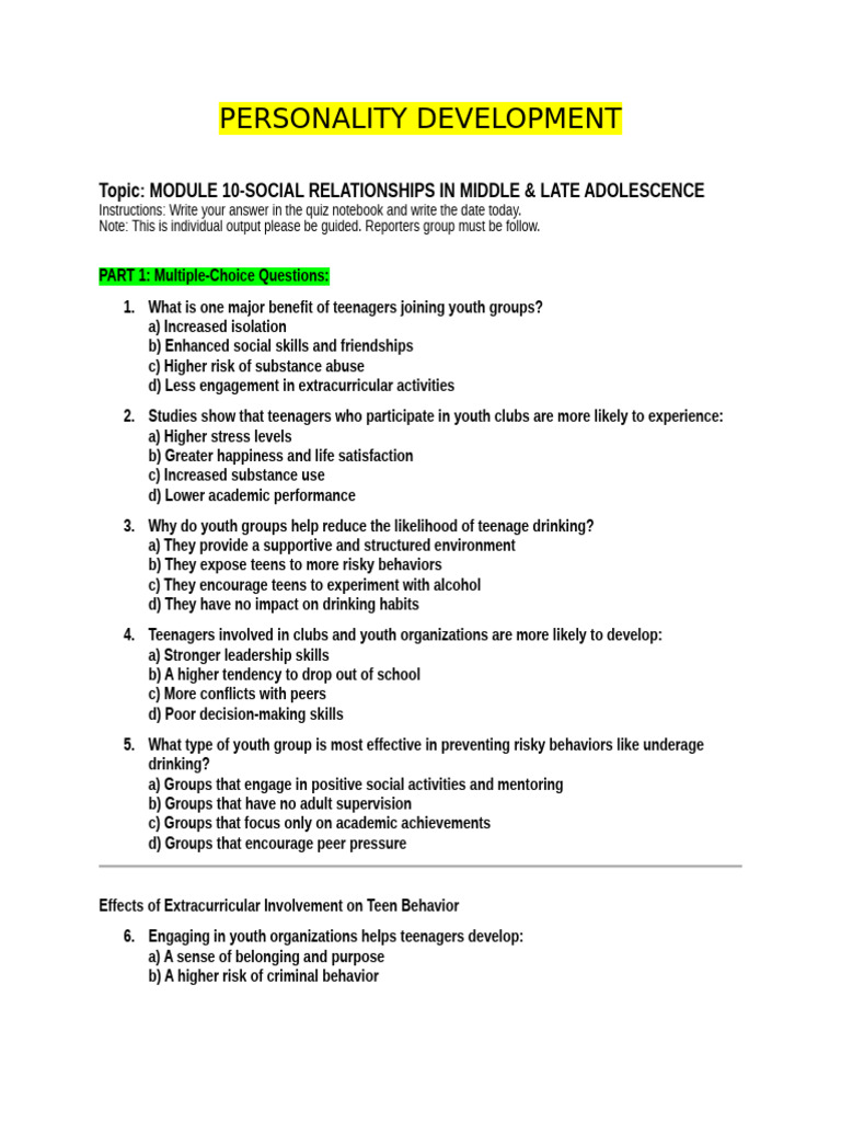 Personality Development Activity 10 | PDF | Adolescence | Leadership