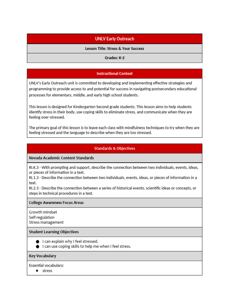 ES K-2 Stress & Your Success Lesson Plan | PDF | Stress (Biology)