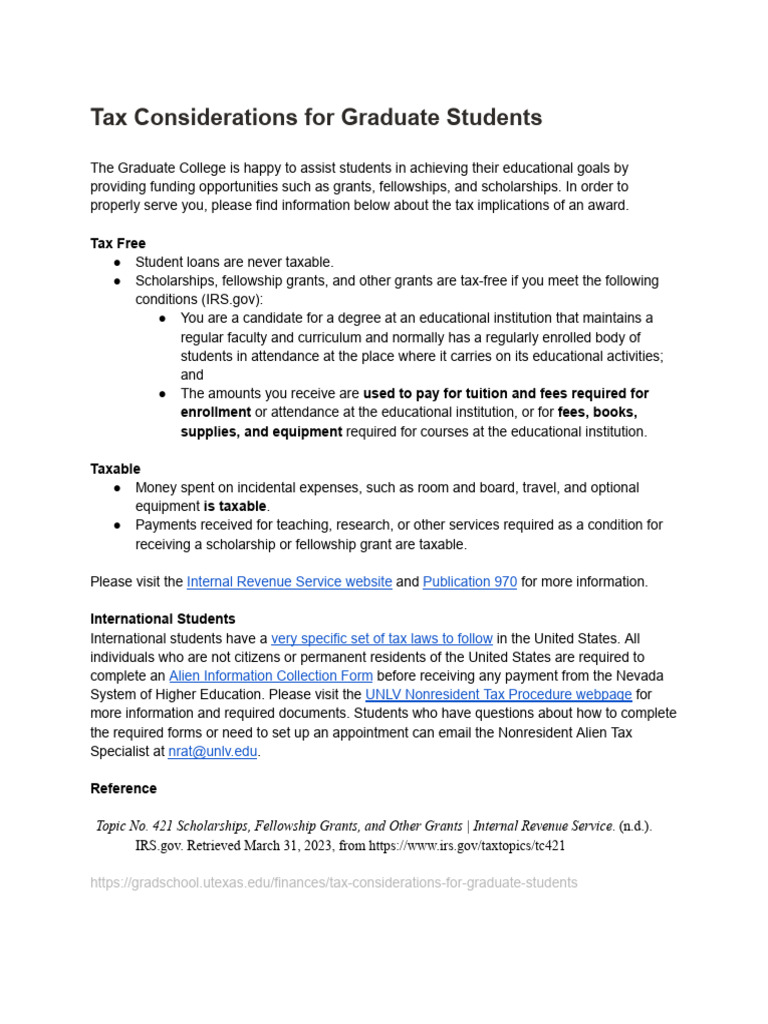 Tax Considerations For Graduate Students | PDF