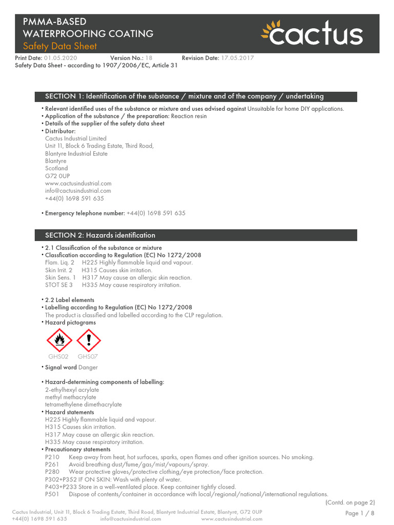 PMMA Based Waterproofing Coating Safety Data Sheet | PDF | Dangerous Goods