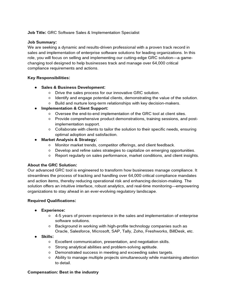 Required - GRC Software Sales & Implementation Specialist | PDF | Sales ...