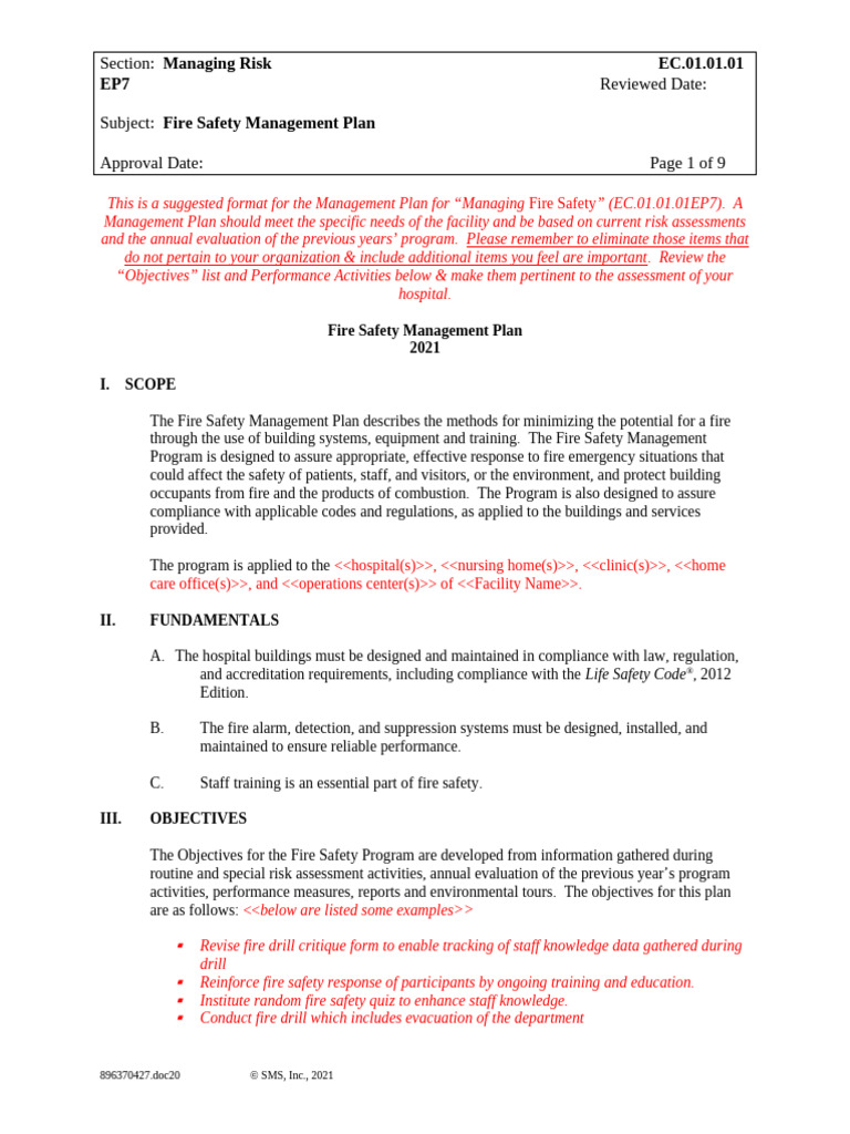 MR EC.01.01.01EP7 Fire Safety Management Plan 2021 | PDF | Fire Safety ...