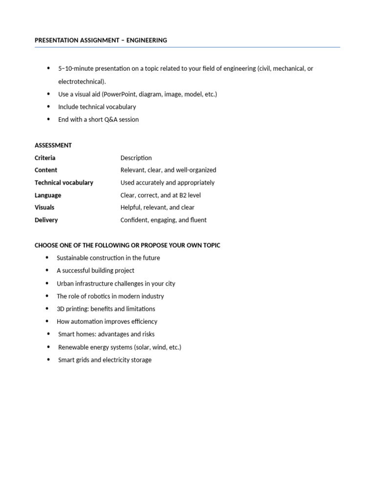 Engineering Presentation Assignment Guide | PDF
