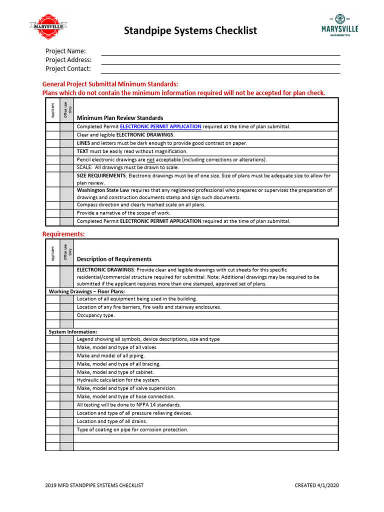 MFD Standpipe Systems Checklist | PDF | Drawing