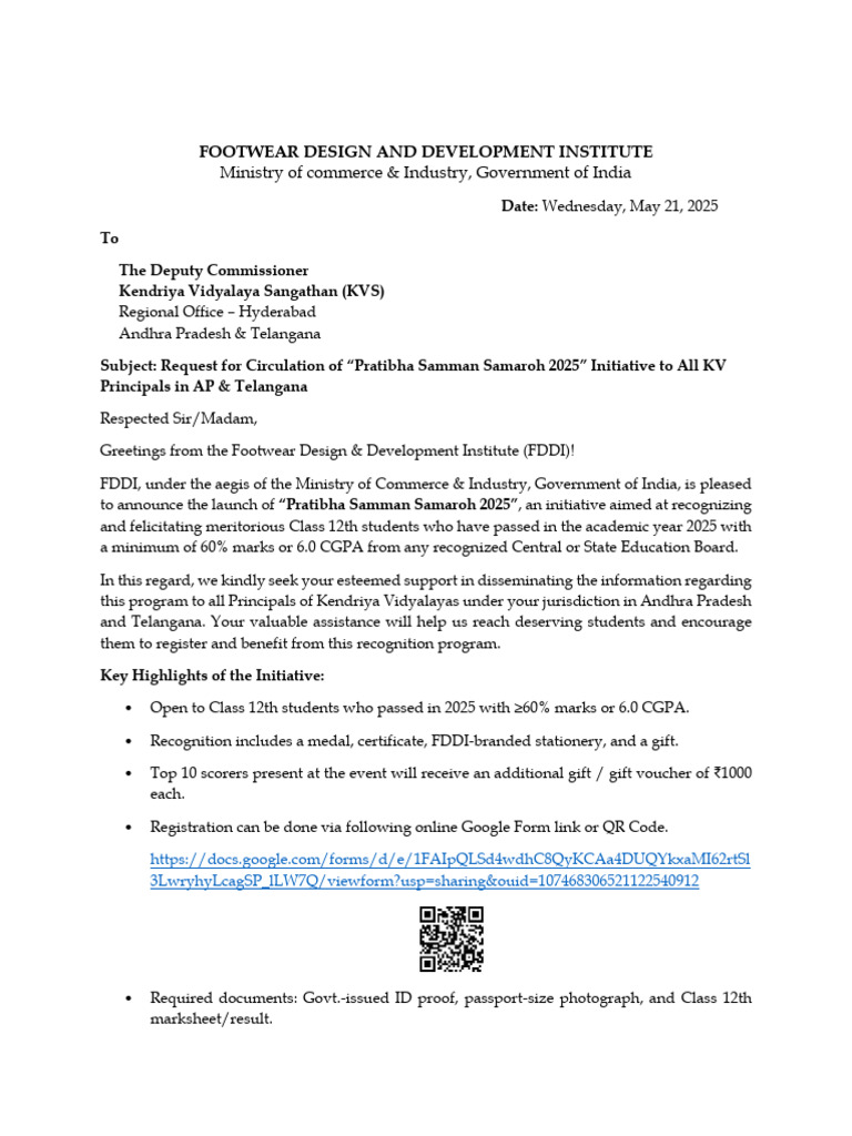 Request for Circulation of “Pratibha Samman Samaroh 2025” Initiative to ...