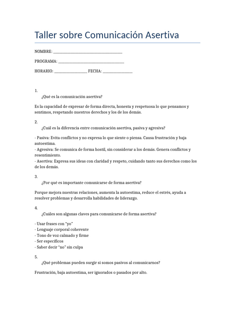 Taller Comunicacion Asertiva Resuelto | PDF | Comunicación | Conceptos psicologicos